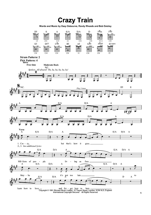Crazy Train" Sheet Music by Ozzy Osbourne for Easy Guitar - Sheet Music Now
