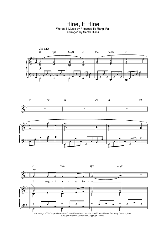 Hine, E Hine" Sheet Music by Hayley Dee Westenra for Piano/Vocal/Chords ...