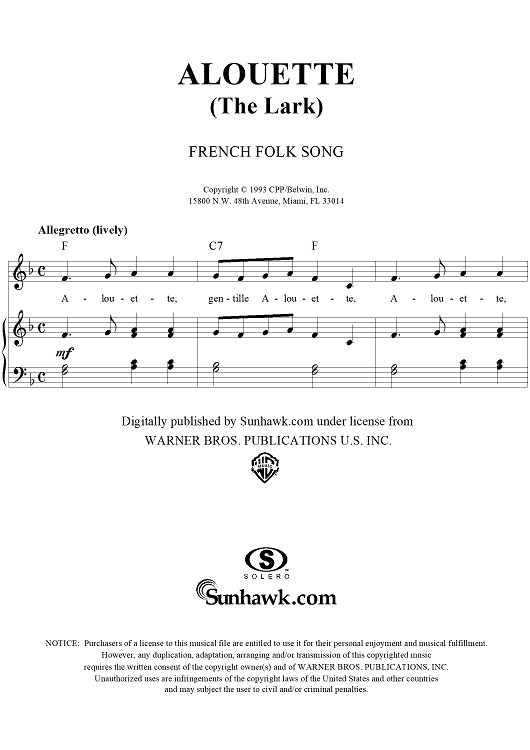 Alouette" Sheet Music for Piano/Vocal/Chords - Sheet Music Now