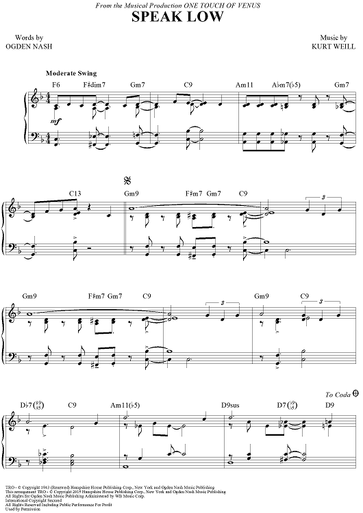 Speak Low" Sheet Music for Piano Solo - Sheet Music Now