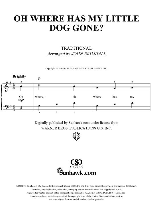 Oh Where Has My Little Dog Gone?" Sheet Music for Easy Piano/Vocal ...