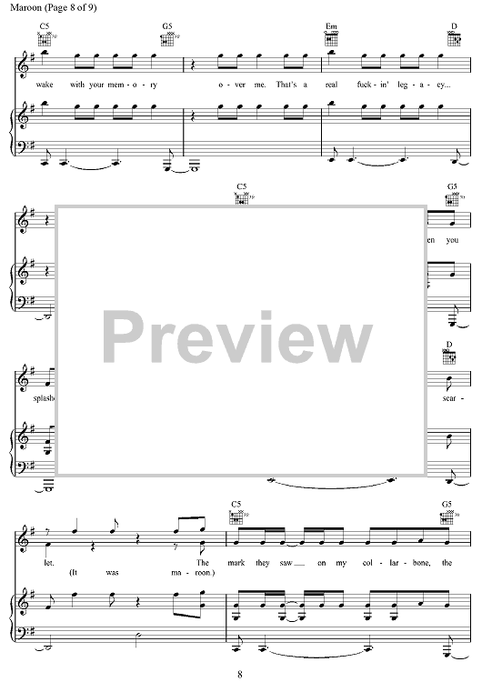 Maroon" Sheet Music by Taylor Swift for Piano/Vocal/Chords - Sheet ...