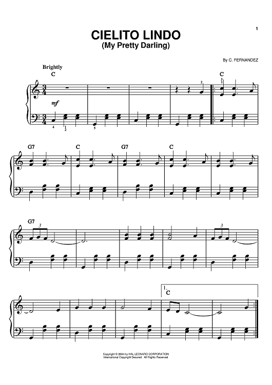 Cielito Lindo (My Pretty Darling)" Sheet Music by Cortez Fernandez for Easy Piano - Sheet Music Now