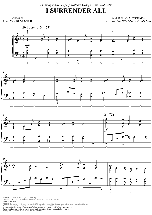 I Surrender All" Sheet Music for Easy Piano - Sheet Music Now