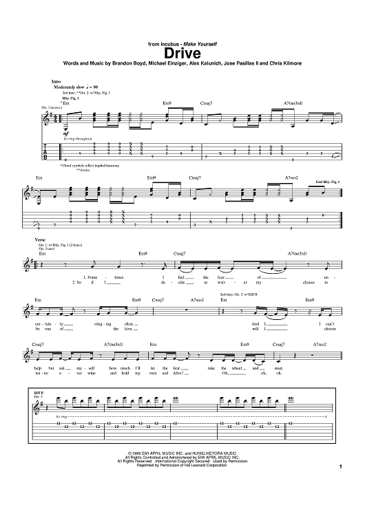Drive" Sheet Music by Incubus for Guitar Tab - Sheet Music Now