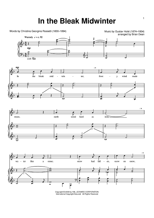 In The Bleak Midwinter" Sheet Music by Christina Rossetti for Piano ...