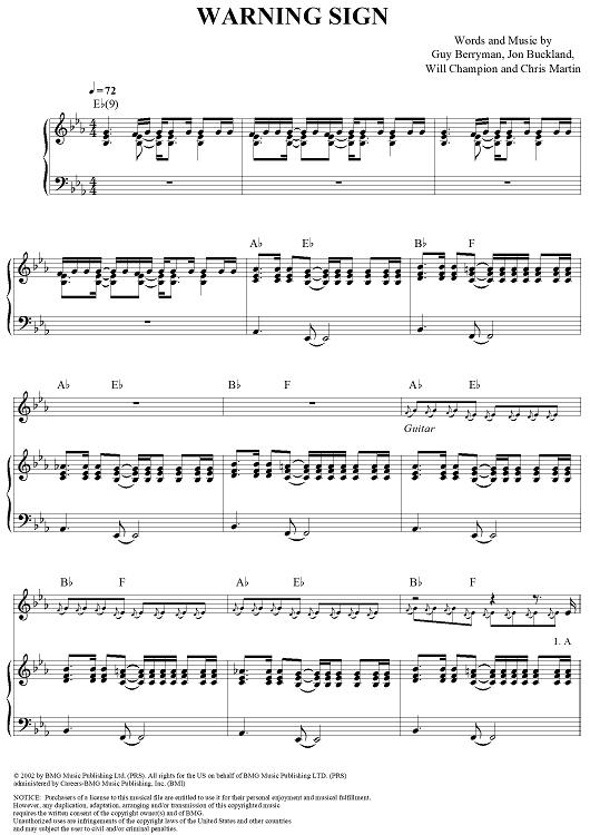 Warning Sign" Sheet Music by Coldplay for Piano/Vocal/Chords - Sheet ...