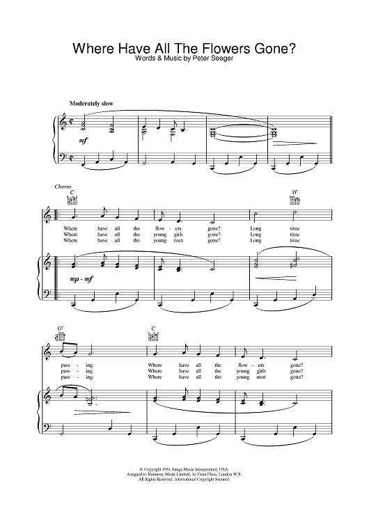 Where Have All The Flowers Gone" Sheet Music by Peter Seeger for Piano ...