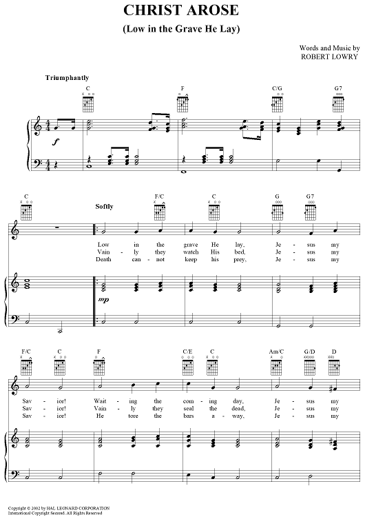 Christ Arose (Low In The Grave He Lay)" Sheet Music by Robert Lowry for Piano/Vocal/Chords ...