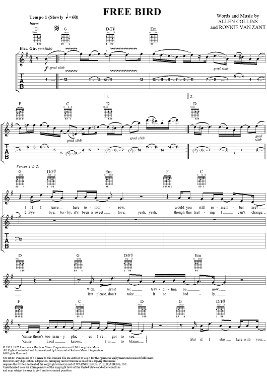 Free Bird" Sheet Music by Lynyrd Skynyrd for Easy Guitar Tab/Vocal ...