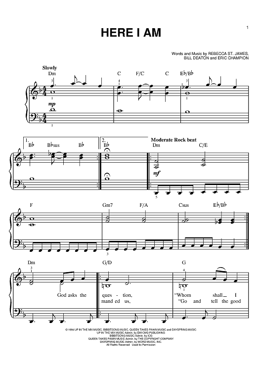 Here I Am" Sheet Music by Rebecca St. James for Easy Piano - Sheet ...