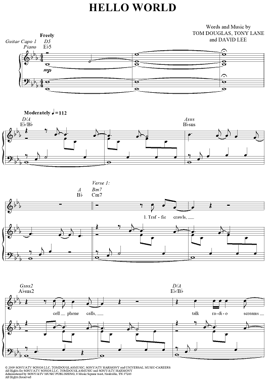 Hello World" Sheet Music by Lady Antebellum for Piano/Vocal/Chords ...