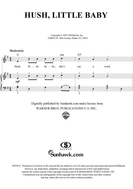 Hush, Little Baby" Sheet Music for Piano/Vocal/Chords - Sheet Music Now