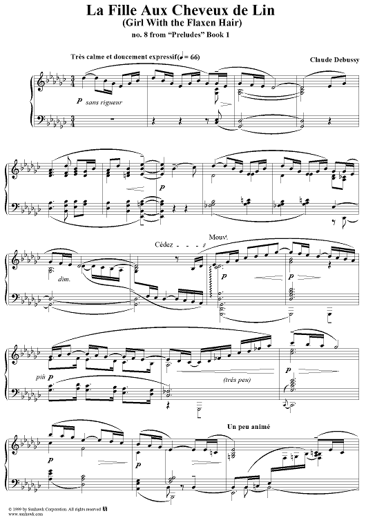 No. 8: La Fille Aux Cheveux De Lin" Sheet Music for Piano Solo - Sheet ...