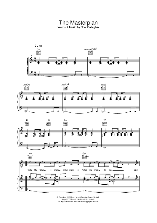 The Masterplan" Sheet Music by Oasis for Piano/Vocal/Chords - Sheet ...
