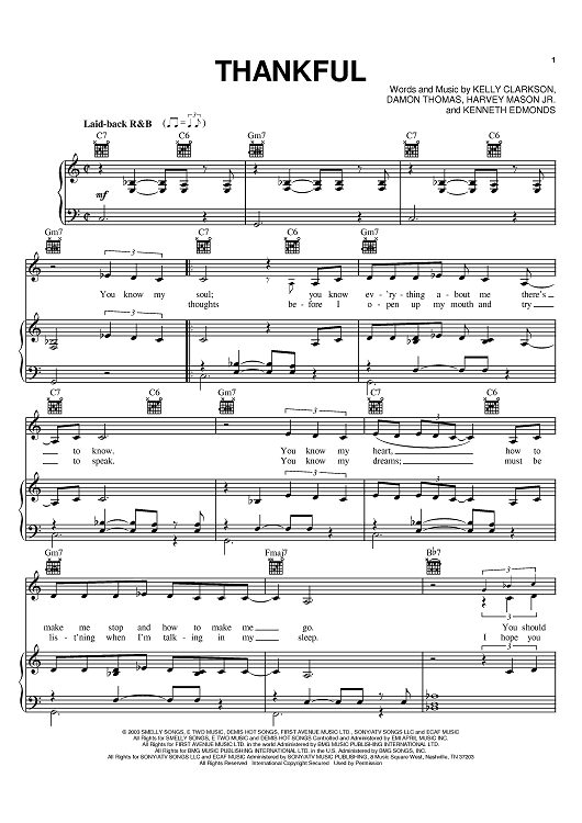 Thankful" Sheet Music by Kelly Clarkson for Piano/Vocal/Chords - Sheet ...