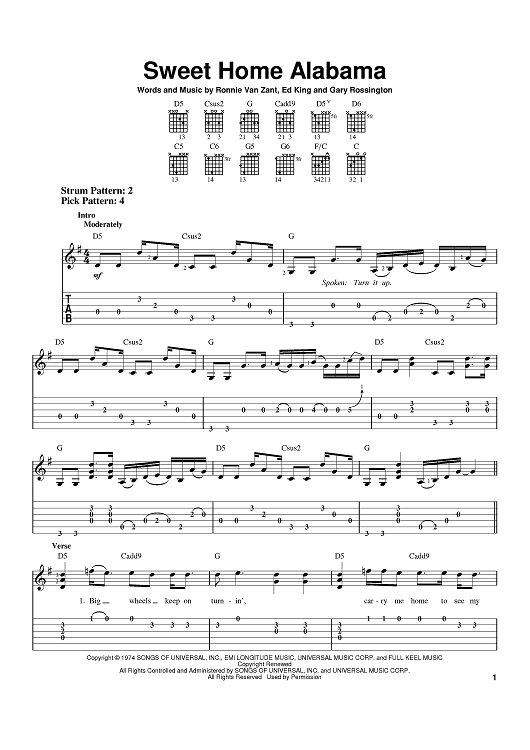 Sweet Home Alabama" Sheet Music by Lynyrd Skynyrd; Alabama for Easy ...