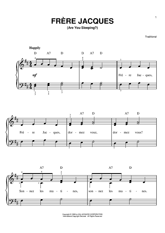 Frere Jacques (Are You Sleeping?)" Sheet Music for Easy Piano - Sheet ...
