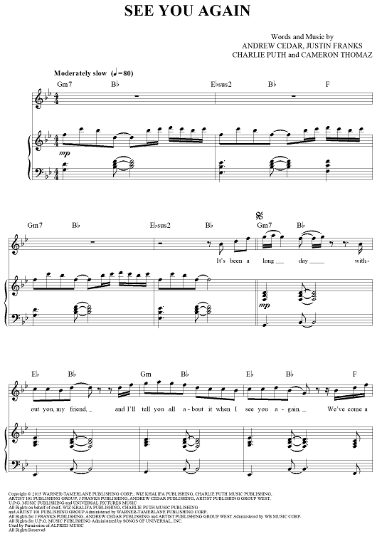 See You Again" Sheet Music by Wiz Khalifa; Charlie Puth for Piano/Vocal ...