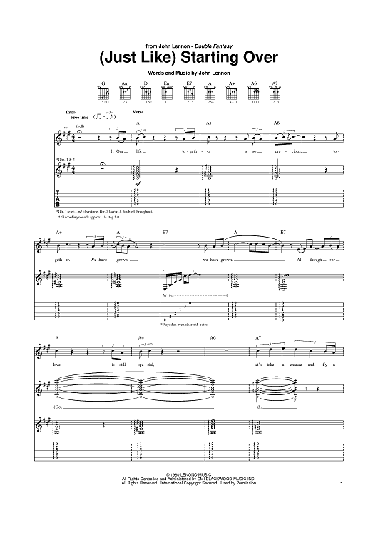 (Just Like) Starting Over" Sheet Music by John Lennon for Guitar Tab - Sheet Music Now