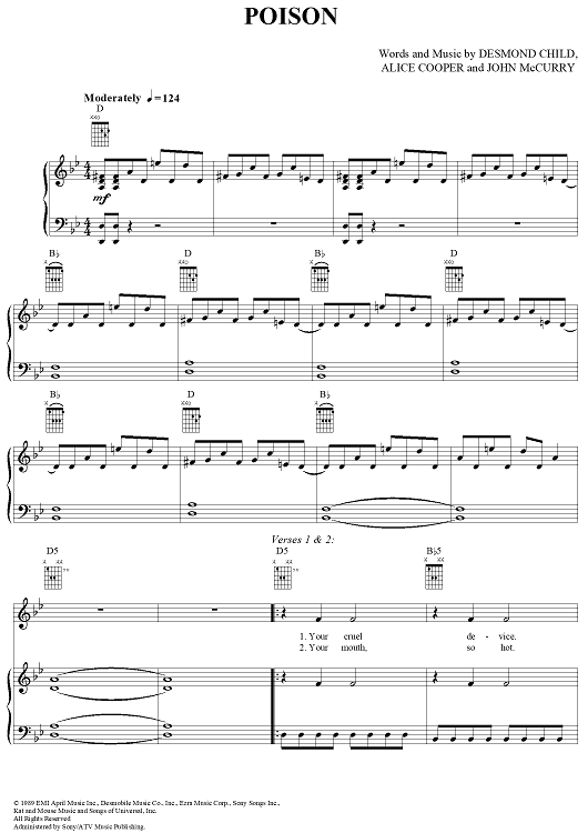 Poison" Sheet Music by Alice Cooper for Piano/Vocal/Chords - Sheet ...