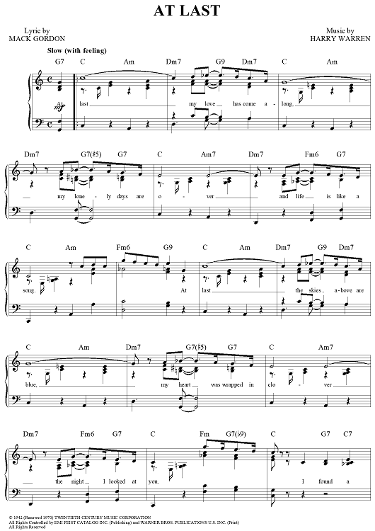 At Last" Sheet Music by Etta James; Ray Anthony and His Orchestra for ...