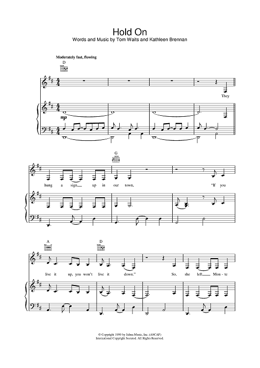 Hold On" Sheet Music by Tom Waits for Piano/Vocal/Chords - Sheet Music Now