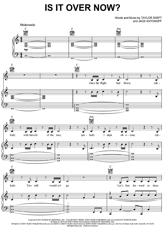 Is It Over Now?" Sheet Music by Taylor Swift for Piano/Vocal/Chords ...