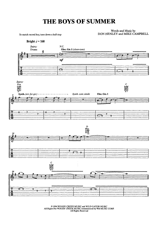 The Boys of Summer" Sheet Music by Don Henley for Easy Guitar Tab/Vocal ...