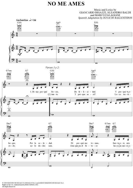 No Me Ames" Sheet Music by Marc Anthony; Jennifer Lopez for Piano/Vocal ...