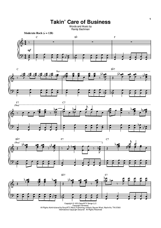 Takin' Care Of Business" Sheet Music by Bachman-Turner Overdrive for Piano/Vocal/Chords - Sheet ...