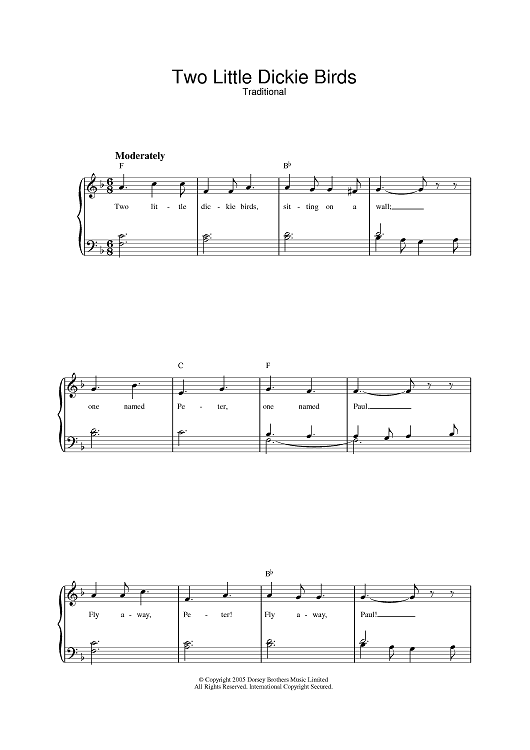 Two Little Dickie Birds" Sheet Music for Piano/Vocal/Chords - Sheet ...