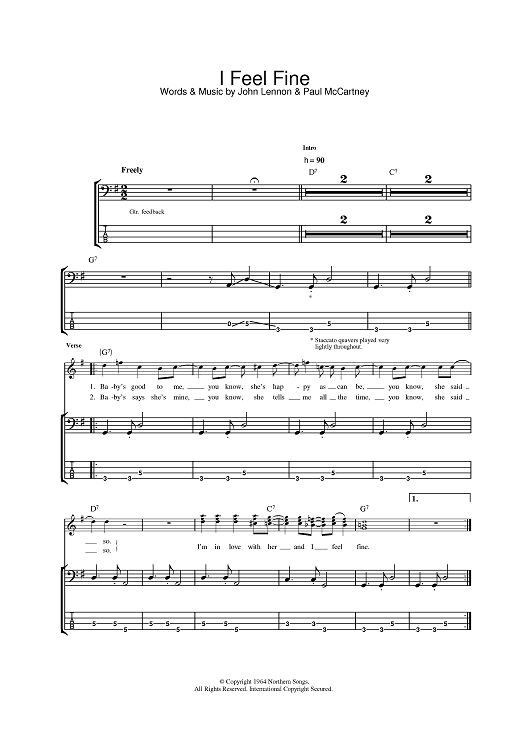 I Feel Fine" Sheet Music by The Beatles for Bass Tab - Sheet Music Now