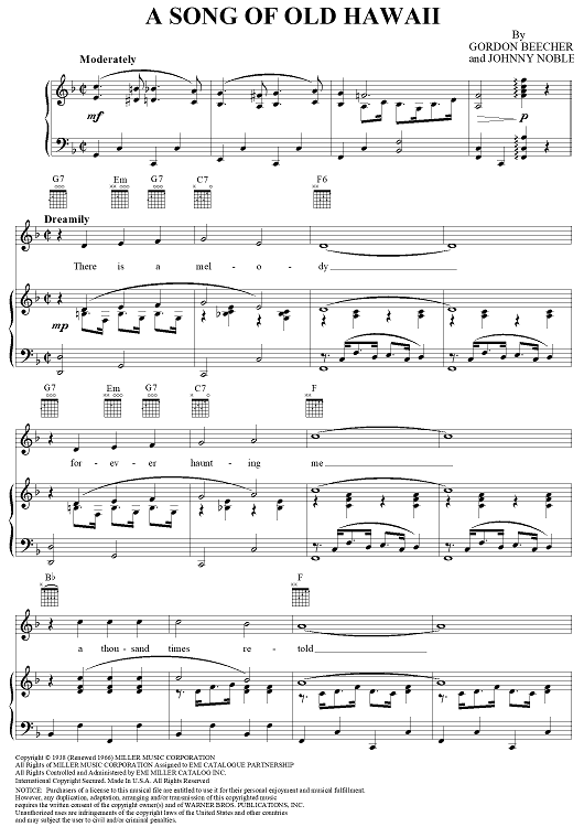 Song of Old Hawaii" Sheet Music for Piano/Vocal/Chords - Sheet Music Now