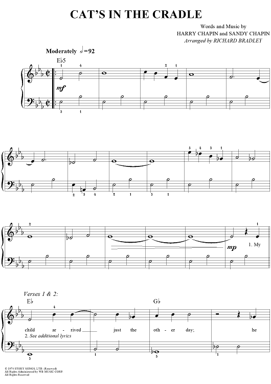 Cat's in the Cradle" Sheet Music by Harry Chapin for Easy Piano - Sheet ...