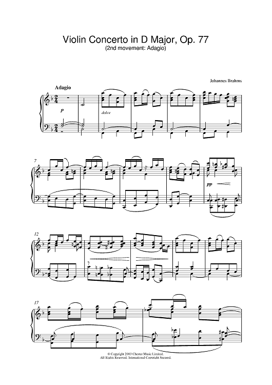 Violin Concerto in D Major, Op. 77 (2nd movement: Adagio)" Sheet Music for Piano - Sheet Music Now