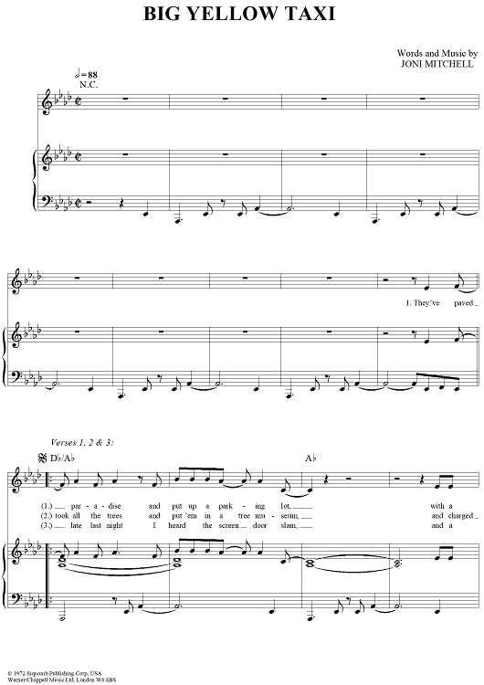 Big Yellow Taxi" Sheet Music by Counting Crows for Piano/Vocal/Chords ...