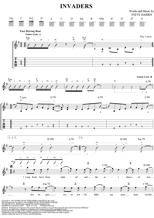 Invaders" Sheet Music by Iron Maiden for Guitar Tab/Vocal - Sheet Music Now