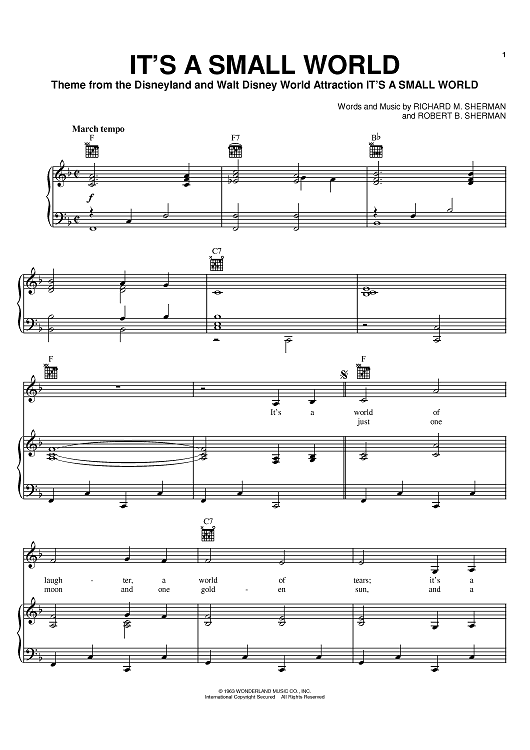 It's A Small World" Sheet Music by Richard M. Sherman; Robert B ...