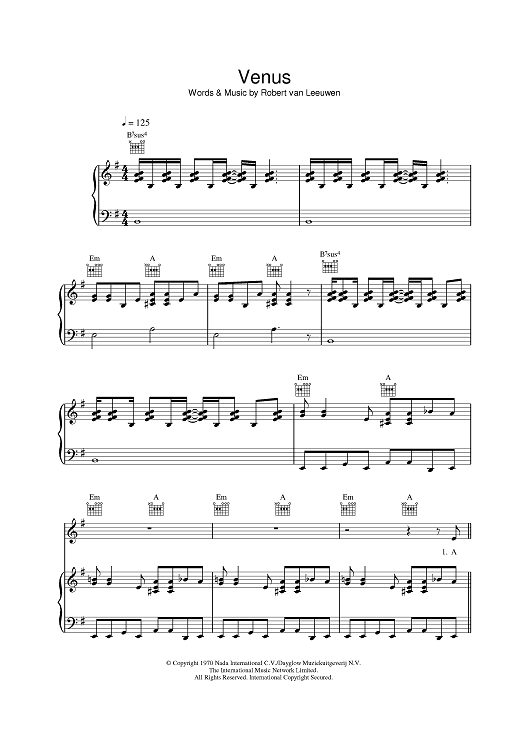 Venus" Sheet Music by Bananarama; Shocking Blue for Piano/Vocal/Chords ...