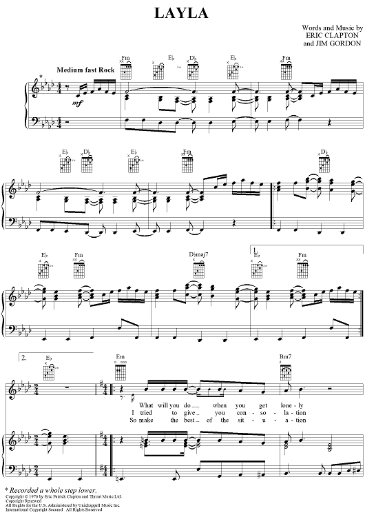 Layla" Sheet Music by Eric Clapton; Derek and the Dominos for Piano ...