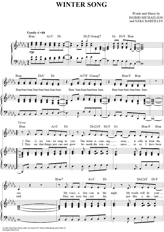 Winter Song" Sheet Music by Sara Bareilles for Piano/Vocal/Chords ...
