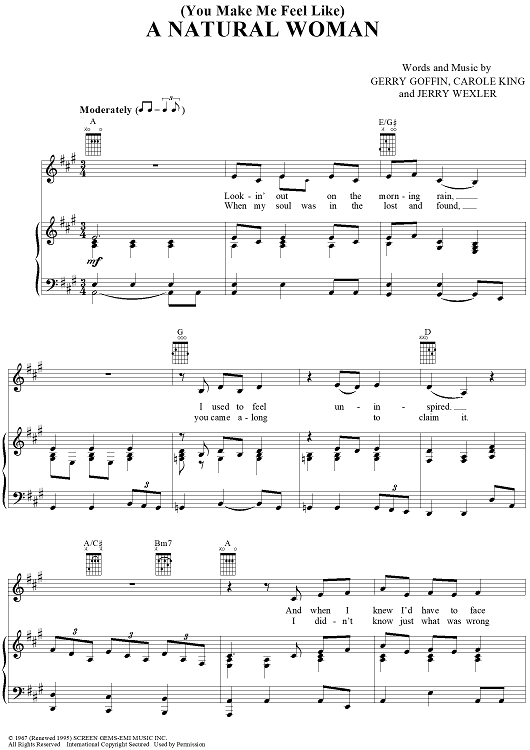 (You Make Me Feel Like) A Natural Woman" Sheet Music by Aretha Franklin for Piano/Vocal/Chords ...