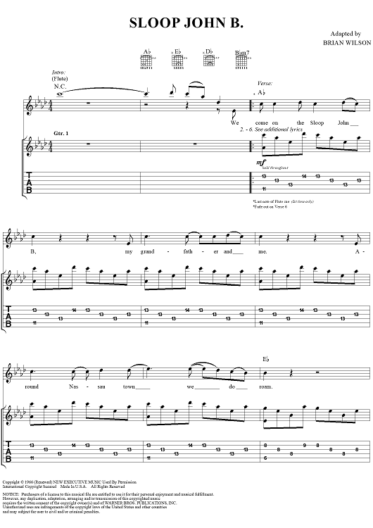 Sloop John B." Sheet Music by The Beach Boys for Guitar Tab/Vocal - Sheet Music Now