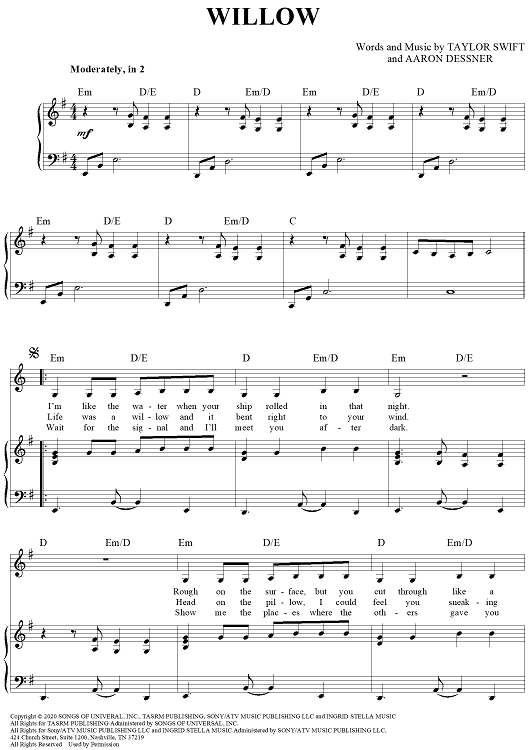 Willow" Sheet Music by Taylor Swift for Piano/Vocal/Chords - Sheet ...