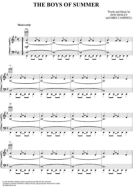 The Boys of Summer" Sheet Music by Don Henley for Piano/Vocal/Chords ...