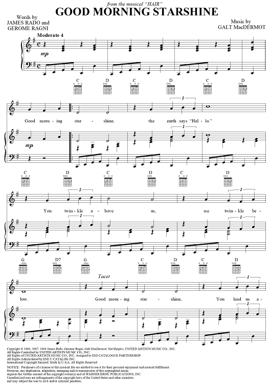 Good Morning Starshine" Sheet Music by OLIVER for Piano/Vocal/Chords ...