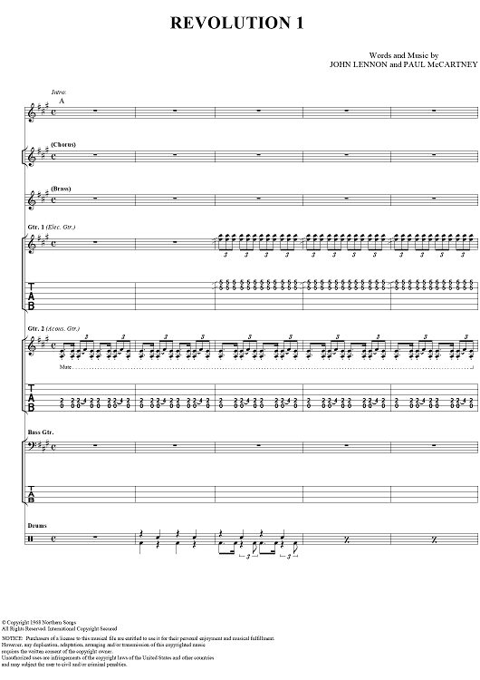 Revolution 1" Sheet Music by The Beatles for Guitar Tab/Vocal/Chords ...