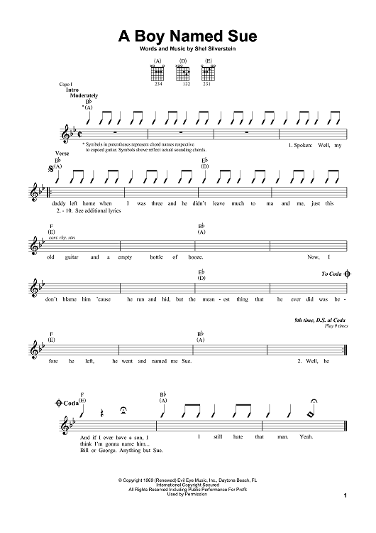 A Boy Named Sue" Sheet Music by Johnny Cash for Lead Sheet with Guitar ...