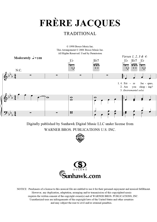 Frère Jacques" Sheet Music for Piano/Vocal/Chords - Sheet Music Now